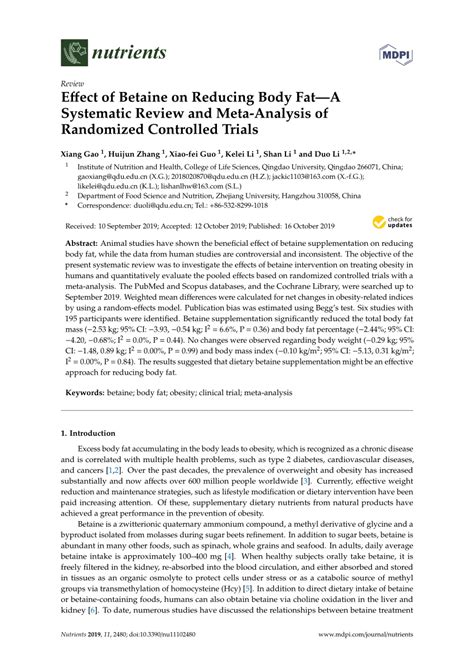 Pdf Effect Of Betaine On Reducing Body Fat—a Systematic Review And Meta Analysis Of Randomized