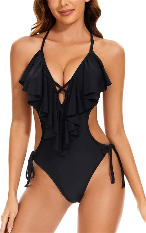 Lxheysea Womens Ruffle Halter Sexy One Piece Swimsuit Cutout Monokini