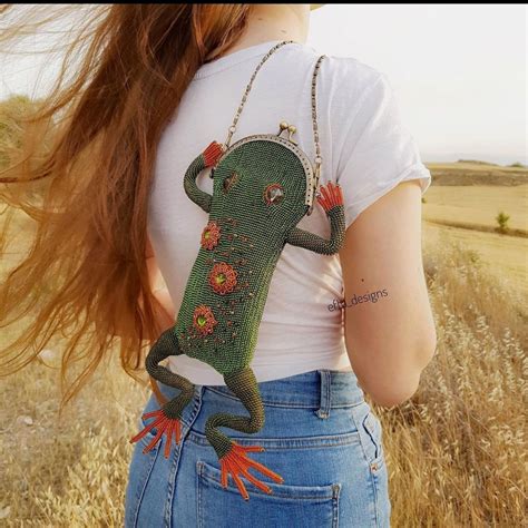 Frog Toad Handmade Beaded Bag Green Orange Crocheted Amphibians Purse Unique Birthday T