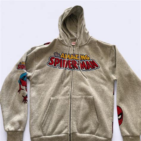 Grey Marvel Unisex Spider Man Zip Up Hoodie Only Depop
