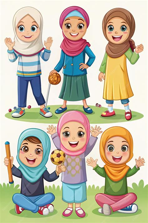 Illustration Of Hijab Girls With Different Activities Premium Ai