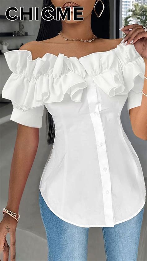 Off The Shoulder Short Sleeve Blouses Asymmetrical Button Ruffles