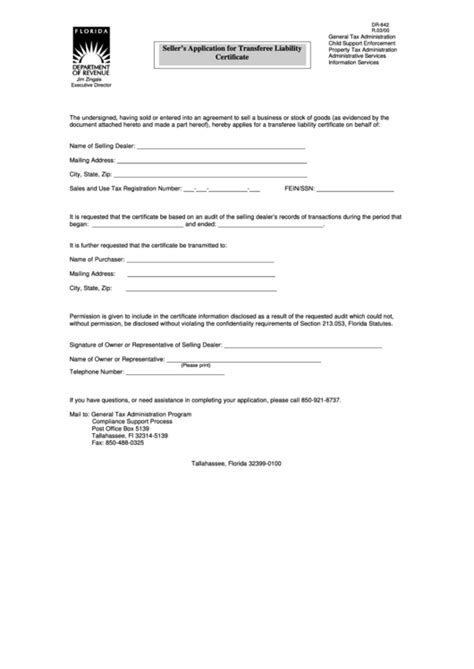 Form Dr 842 Sellers Application For Transferee Liability Certificate