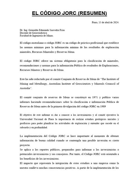 Informe Ejecutivo 1 Codigo Jorc Pdf Minería