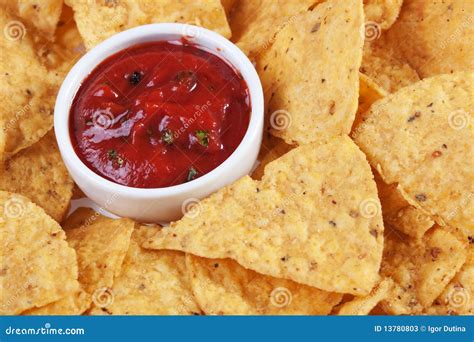 Tortilla Chips With Hot Salsa Dip Stock Image Image Of Salsa