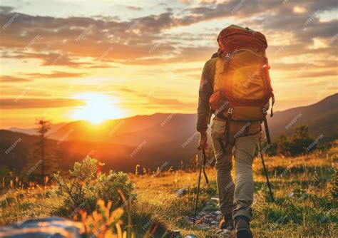 Premium Photo A Man Hiking In The Mountains During The Sunset With A