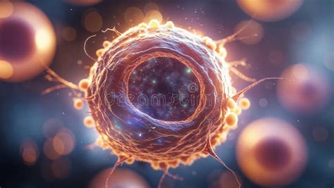 Stem Cell Interacting With Other Cells Under The Microscope Emitting