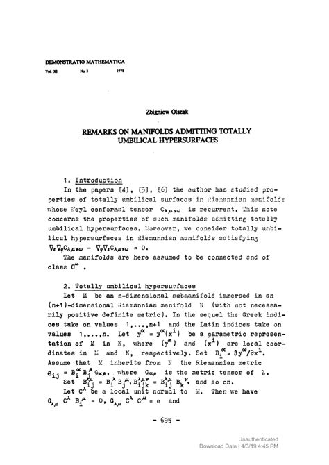 Pdf Remarks On Manifolds Admitting Totally Umbilical Hypersurfaces