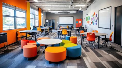 Modern Classroom With Colorful Furniture And Collaborative Spaces For Learning And Interaction