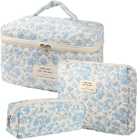 Dkieuyu 3 Pcs Cotton Quilted Makeup Bag Set Floral Makeup Bag Cute Makeup Bag Travel