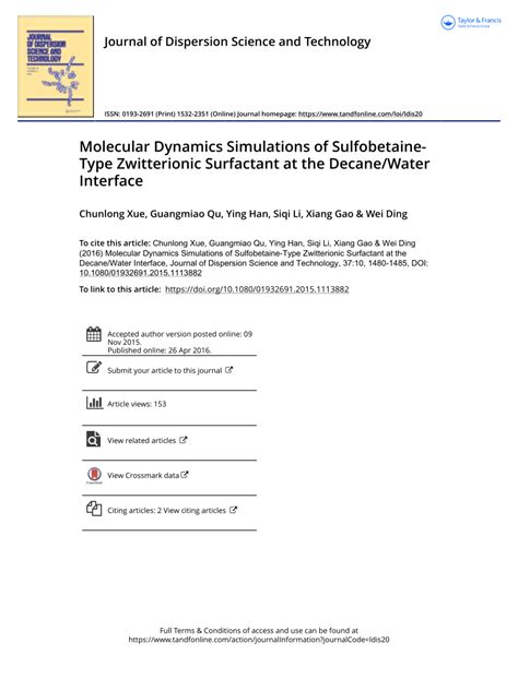 Pdf Molecular Dynamics Simulations Of Sulfobetaine Type Zwitterionic