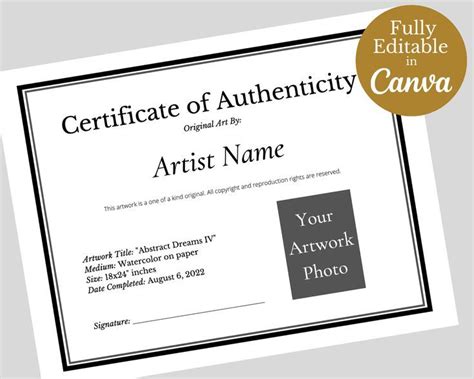 Editable Certificate Of Authenticity Canva Template Editable Etsy In