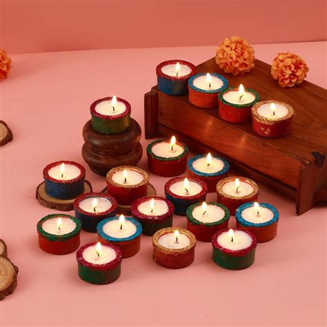 Tied Ribbons Handmade Clay Wax Filled Diyas Earthen Diya Pack Of 20 For