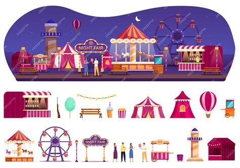 Premium Vector Night Fair Icons Set Cartoon Vector Market Stall