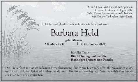 Traueranzeigen Von Barbara Held Trauerportal Ihrer Tageszeitung