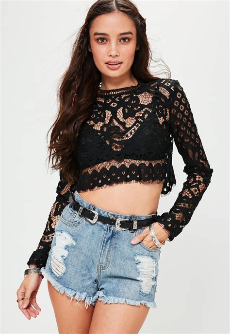 Black Patterned Lace Crop Top Missguided Tops Ladies Tops Fashion