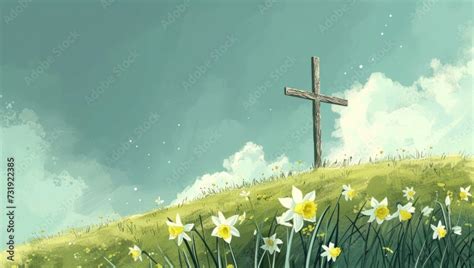 Cross At The Hill And Spring Daffodils With Spring Flowers Generative