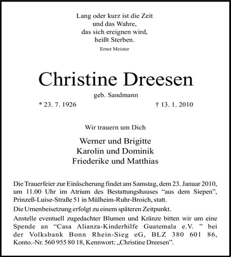 Traueranzeigen Von Christine Dreesen Trauer In Nrwde