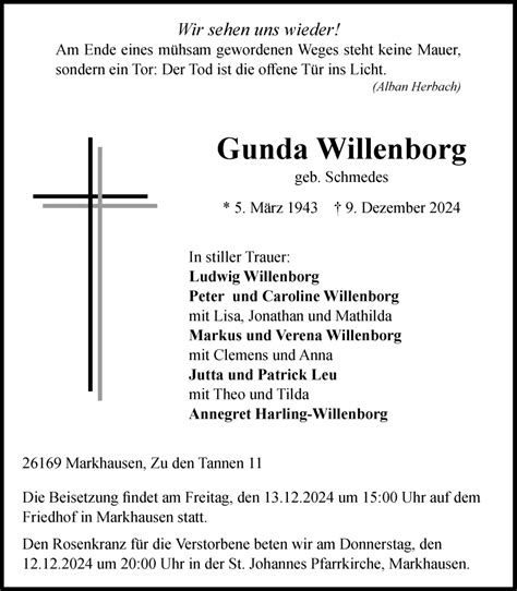 Traueranzeigen Von Gunda Willenborg Om Trauerde