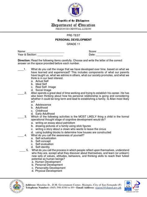 Grade 11 Humss Perdev Assessment Tool Tos Answerkey Second Sem Pdf Developmental