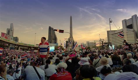 A Large Crowd Of Thai People Gathered For A Political Protest Or Rally