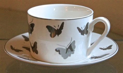 Graces Teaware Flat Teacup And Saucer Silver Metallic Butterflys New Porcelain Gracesteaware