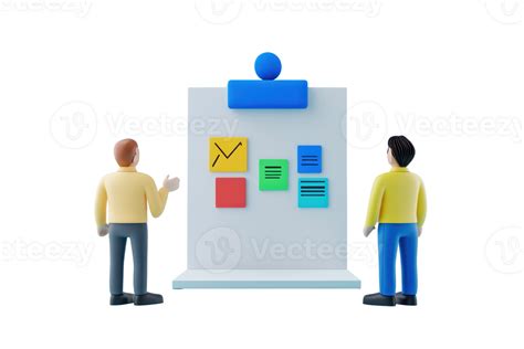 Two Figures Engage In A Discussion While Facing A Presentation Board Displaying Colorful Notes