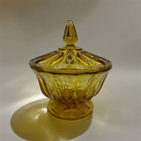 Vintage Amber Glass Covered Candy Dish Footed Pedestal Bowl With Lid Retro Mid Century Honey