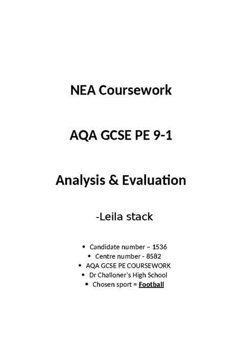 Aqa Gcse Pe 9 Nea Coursework Planning And Performance Analysis Studocu
