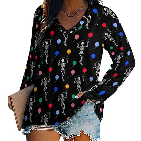 Long Sleeve Shirts For Women Skull Halloween Design Loose Fit Soft V