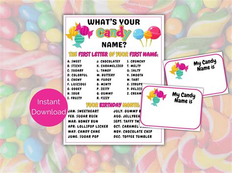 Whats Your Candy Name Game Name Tags Printable Candy Party Game