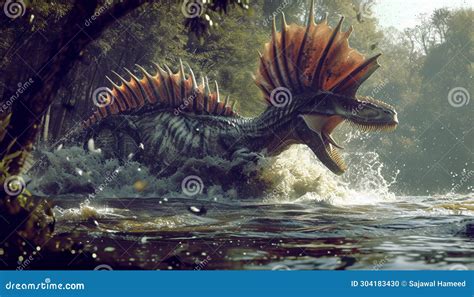 Spinosaurus Emerging From A Mesozoic River Stock Illustration