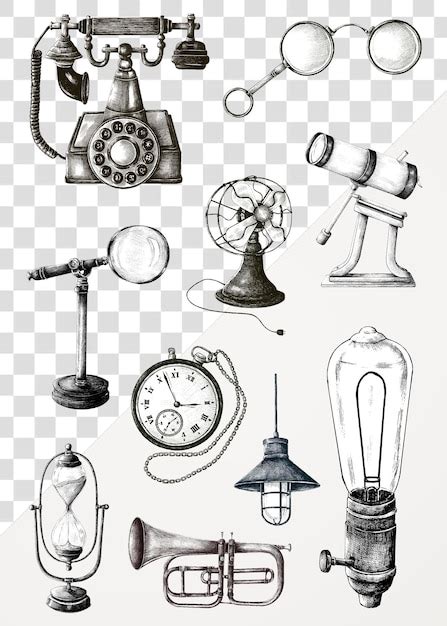 Premium Psd Hand Drawn Retro Object Design Element Set