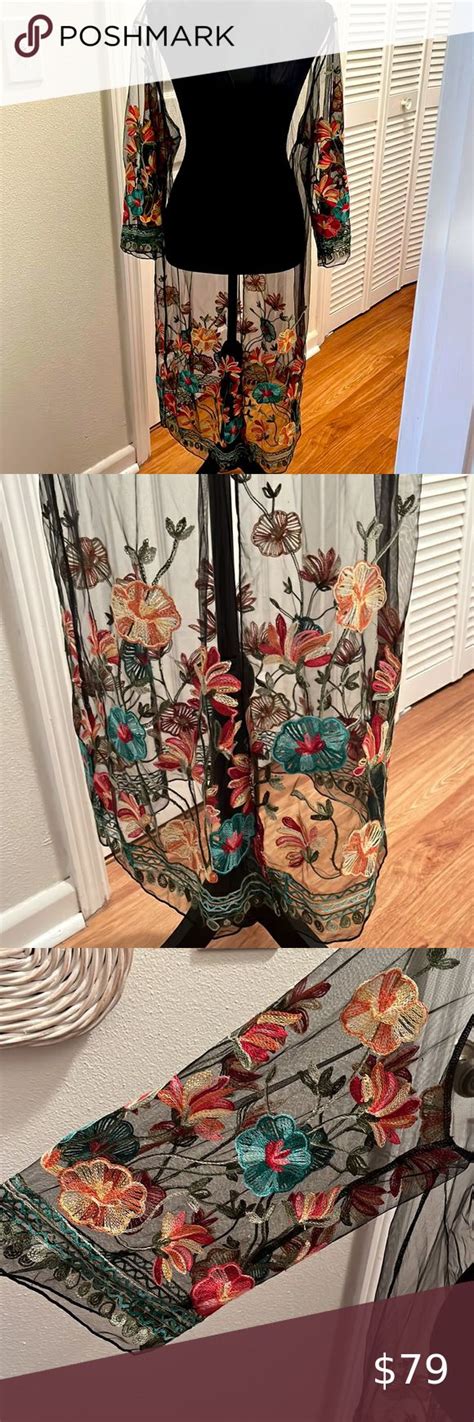 Ladies Floral Embroidered Sheer Mesh Duster Sheer Mesh Evening