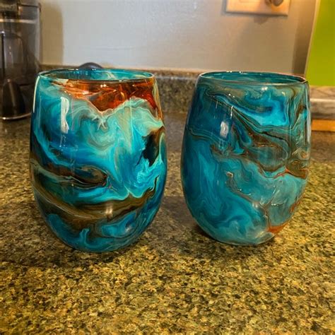 Resin Art Stemless Wine Glasses Unique Colorful Barware Eclectic