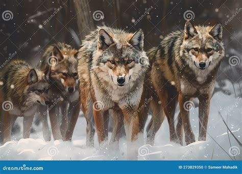 A Fierce And Predatory Wolf Pack In The Winter Snow Generative Ai Stock