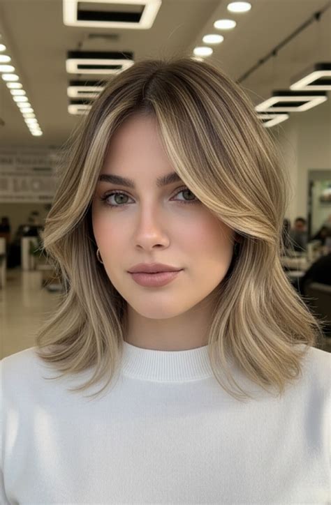 Textured Lob Haircut With Golden Bronde Face Framing Highlights