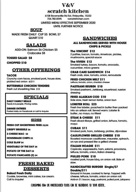 V V Scratch Kitchen Menu Updated For 2025