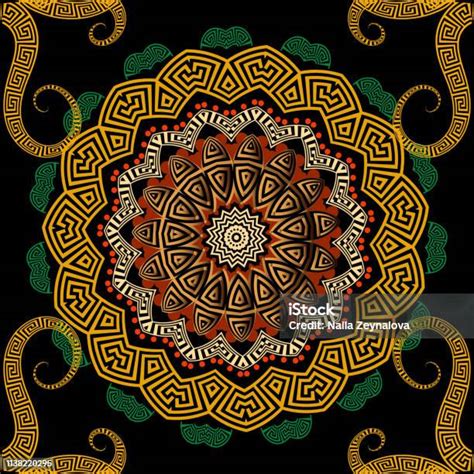 그리스어 화려한 벡터 원활한 만다라 패턴입니다 그리스 키 메 더 스 원형 장식 기하학적 모양 소용돌이 꽃 도트 장식 만다라