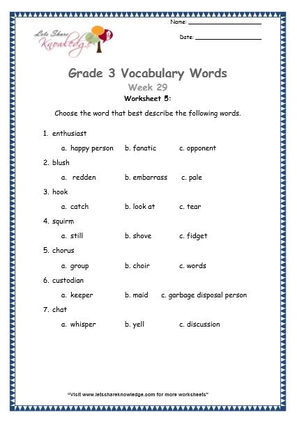 Grade 3 Vocabulary Worksheets Week 29 Lets Share Knowledge