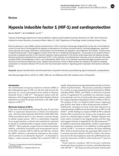 Pdf Hypoxia Inducible Factor 1 Hif 1 And Cardioprotection