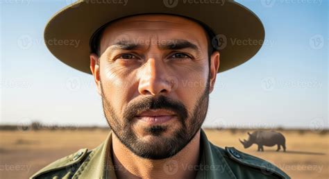 Male Park Ranger In Safari Hat With Rhino In African Savannah Landscape