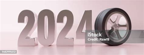 2024년 새해 안전 알로이 휠의 림 타이어 분홍색 배경에 보라색 숫자 기치 3d 렌더링 0명에 대한 스톡 사진 및 기타 이미지 Istock