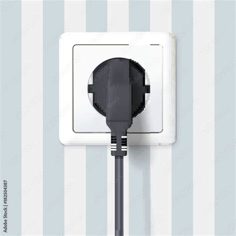 Black Plug Inserted In A Wall Socket On Backdrop Of Wall With Wallpaper With Stripes The Plug