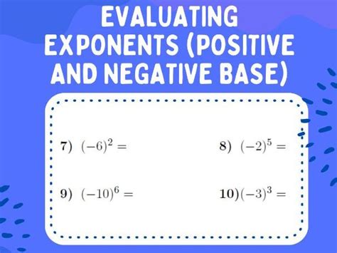 Evaluating Exponents Positive And Negative Base Worksheet With