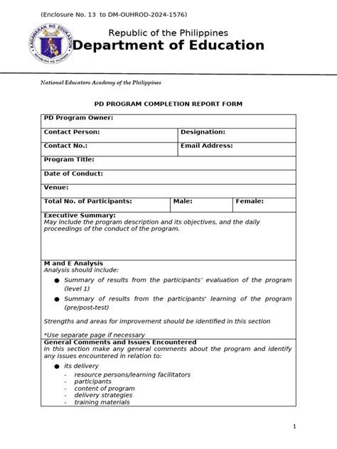 Enclosure No 13 Pd Program Completion Report Form Pdf Business