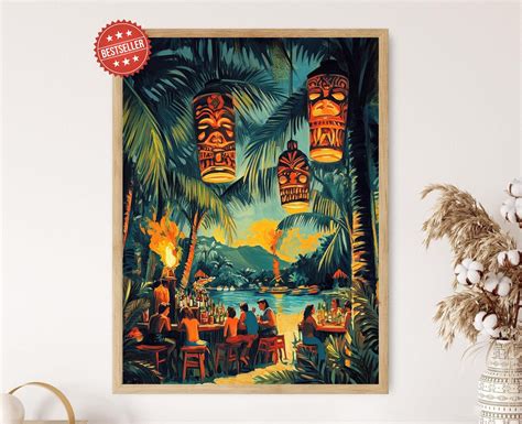 Vintage Hawaiian Tiki Bar Art Print Patrons And Flaming Torches Etsy