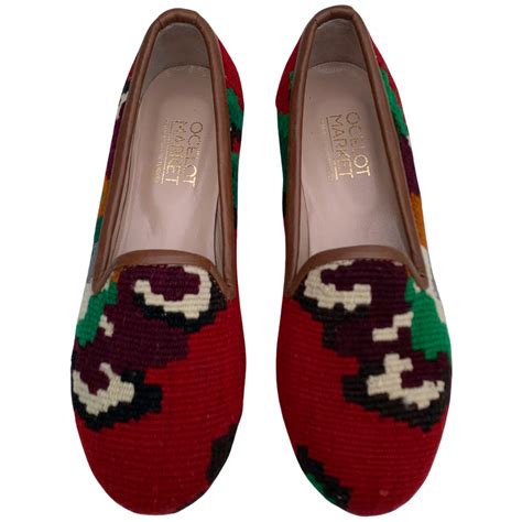 Womens Turkish Kilim Loafers Red With Cream And Green Pattern 7 Us38 E