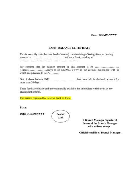 Sample Bank Balance Certificate Pdf