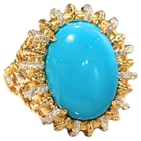 18k Yellow Gold Raw American Turquoise Cocktail Ring With Diamonds For